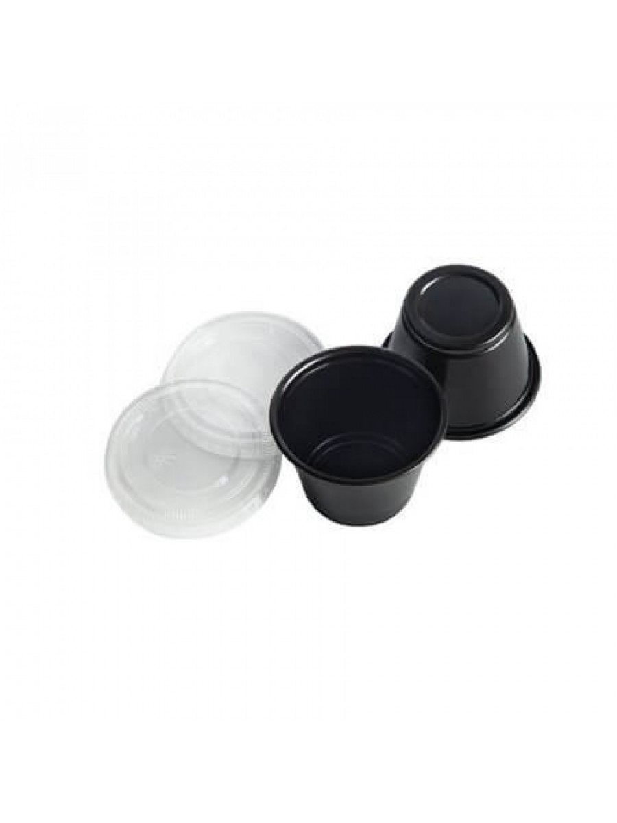 Circular black plastic sauce boxes with lid 100 pieces