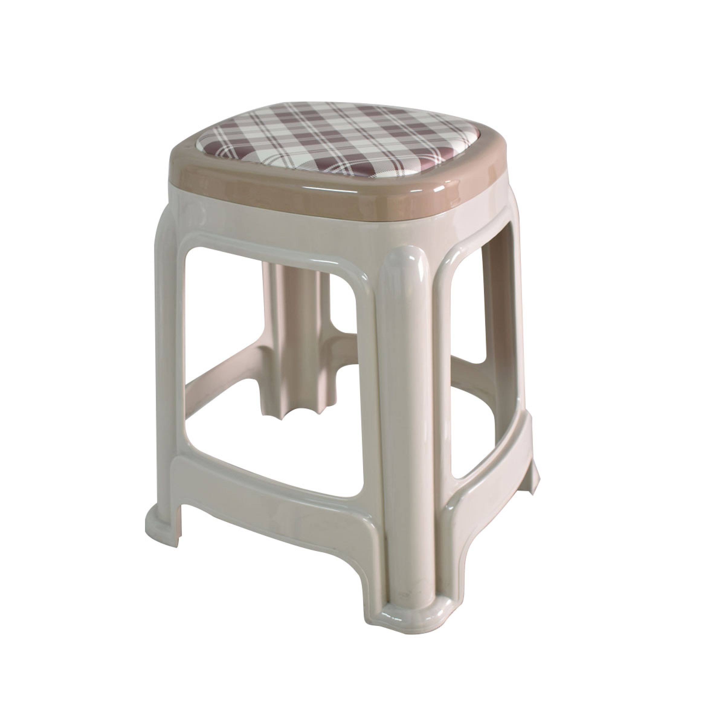 Beige plastic chair with padded seat