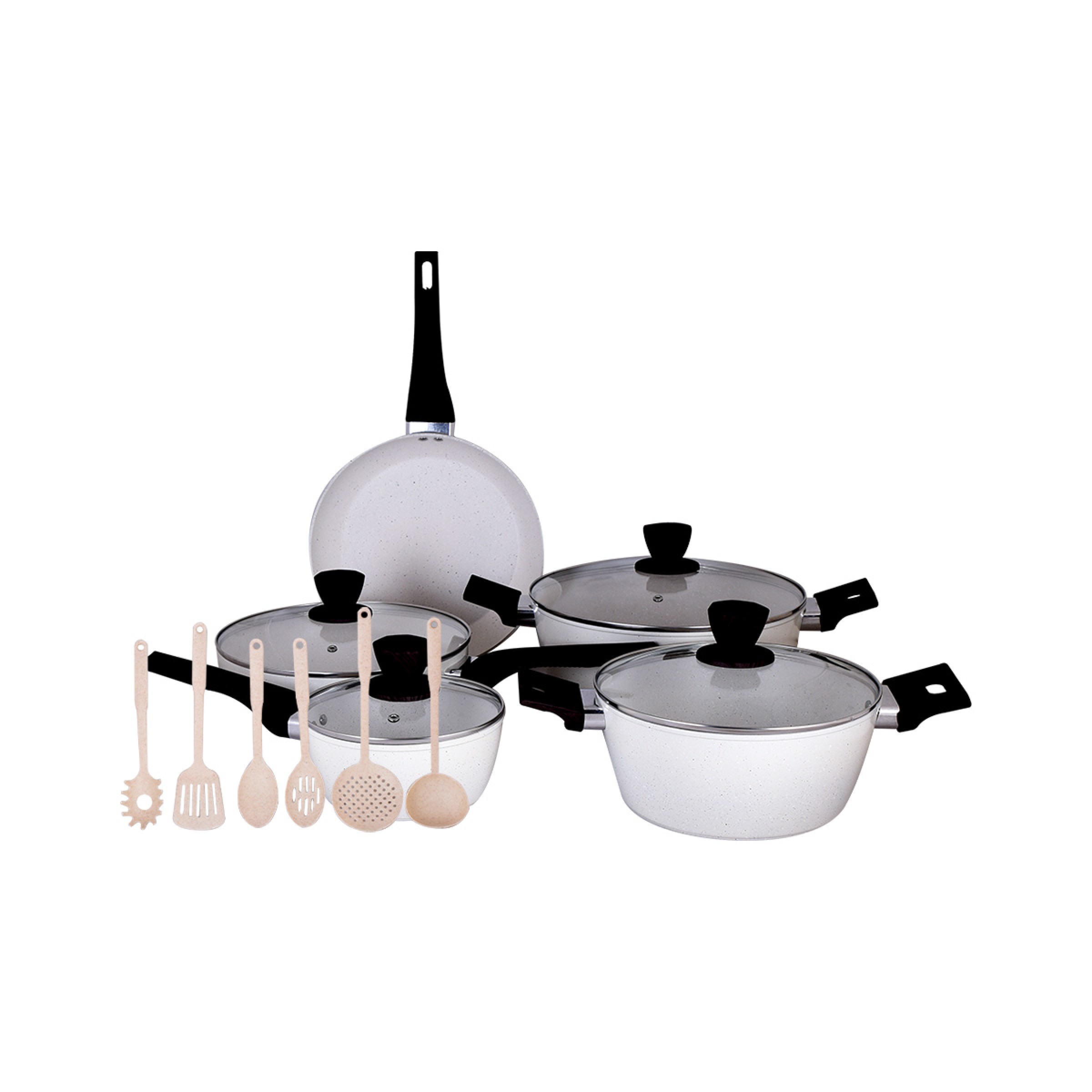 Ella granite cooking pots set with glass lid, 15 pieces, beige GC20
