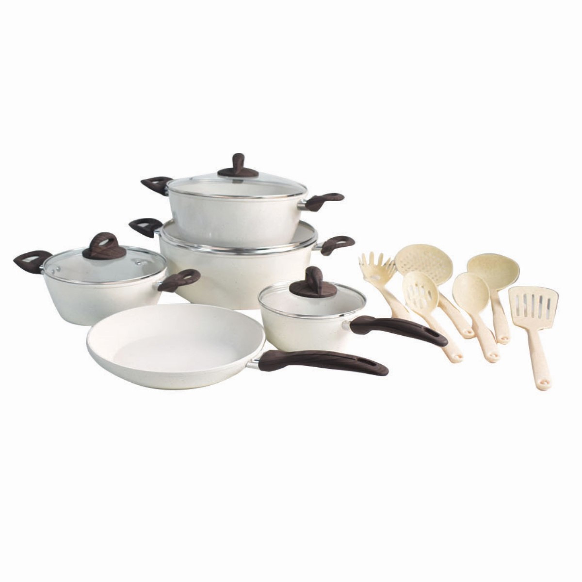 Ella granite cooking pots set with glass lid, 15 pieces, beige GC18