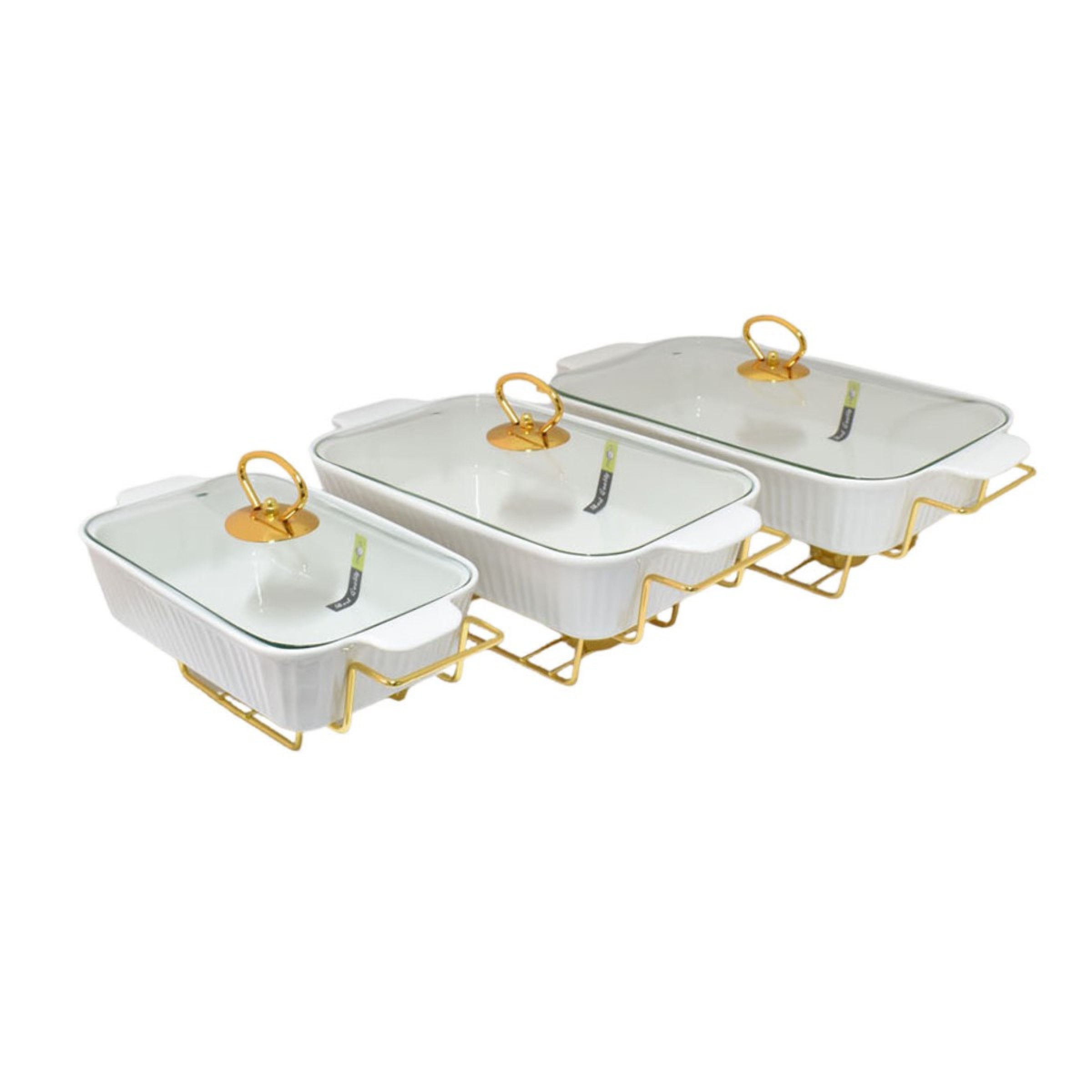Rectangular ceramic food warming tray set with glass lid, 3 pieces ZD14451
