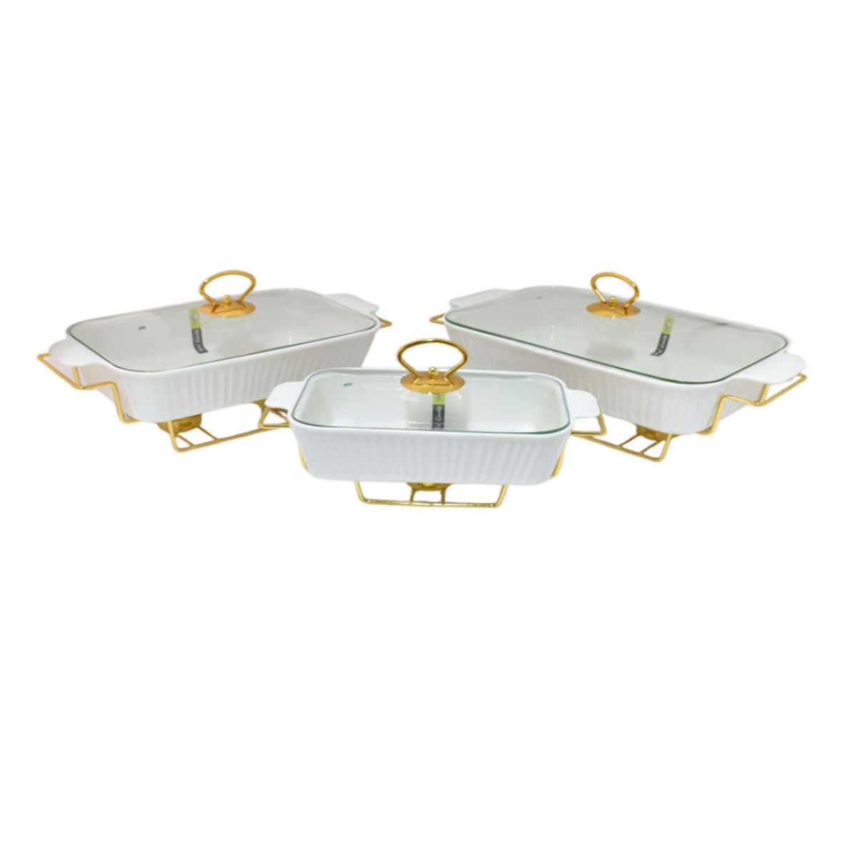Rectangular ceramic food warming tray set with glass lid, 3 pieces ZD14451